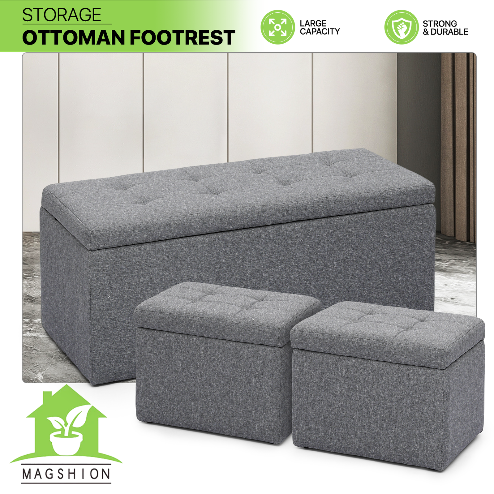 Rectangular Ottoman Storage with 2 Cube Ottomans Linen Leather Tufted ...