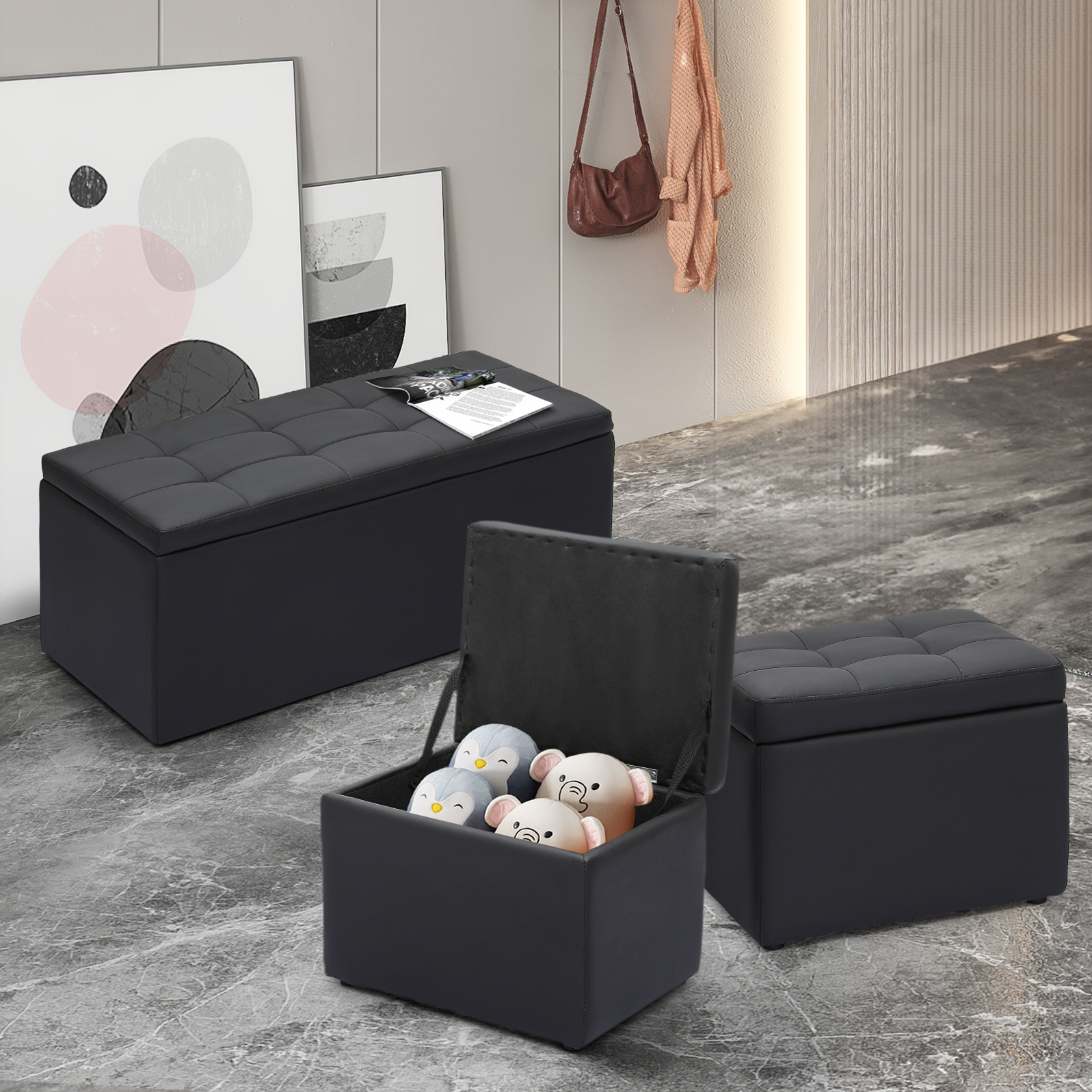 Rectangular Ottoman Storage with 2 Cube Ottomans Linen Leather Tufted ...