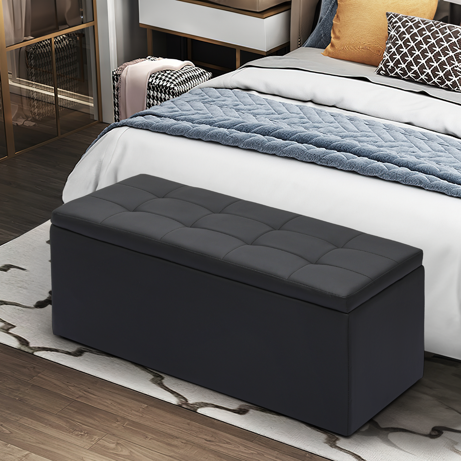 Rectangular Ottoman Storage with 2 Cube Ottomans Linen Leather Tufted ...